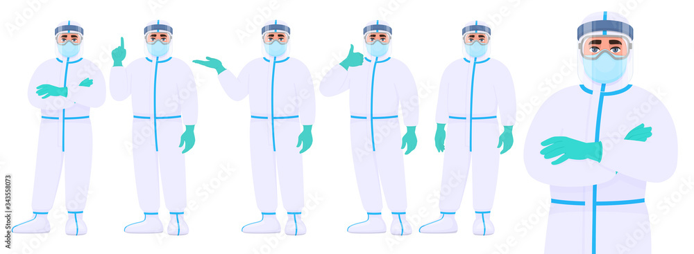 Male doctor in protective suit standing various postures and showing ...