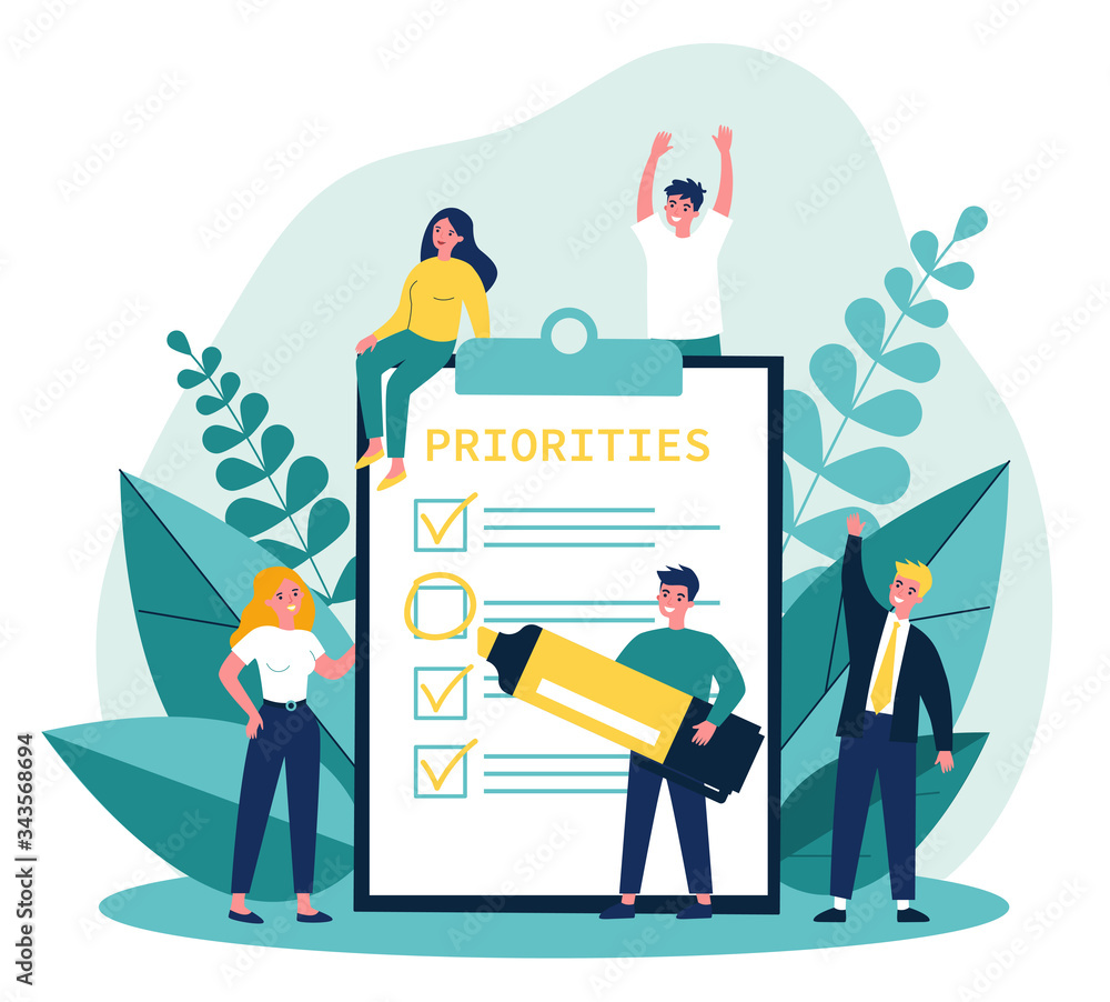 Happy young people making important notes and choice flat vector ...