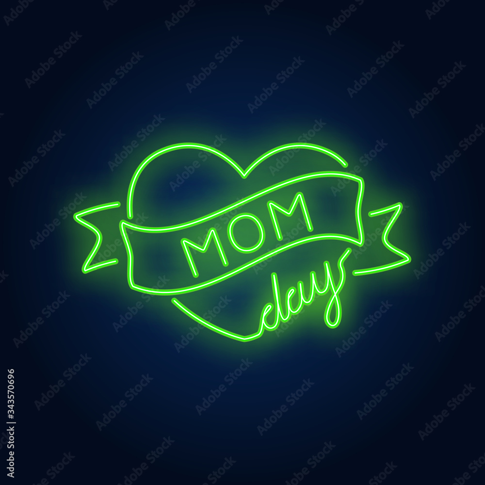 Mom day neon sign. Bright red heart with ribbon. Night bright ...