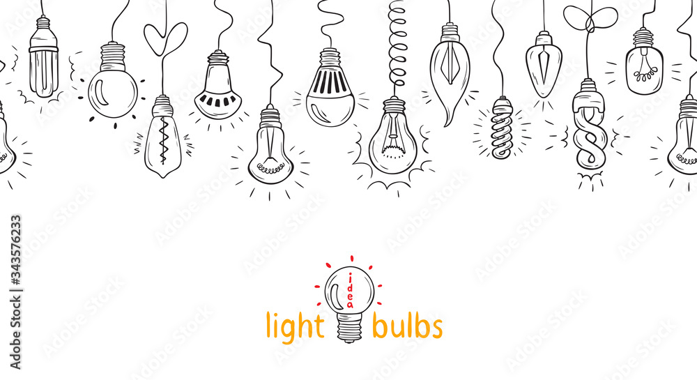 Hanging Light Bulbs horizontal Vector Seamless border. Symbol of Hand ...