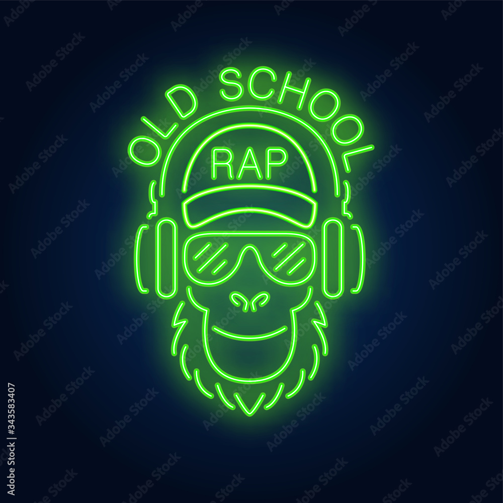 Old school rap neon text and cool monkey in glasses and headphones ...