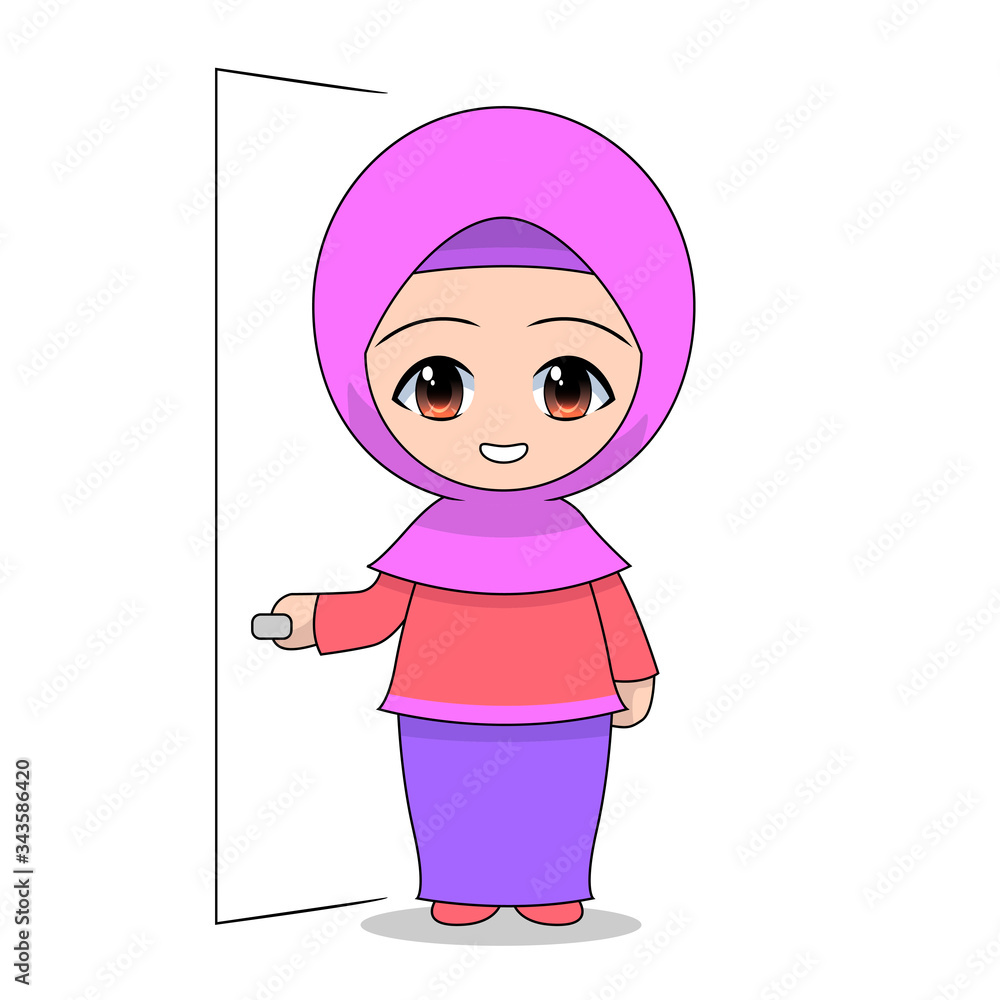 Cartoon Muslim girl holding the door. Daily fun activities. Funny ...