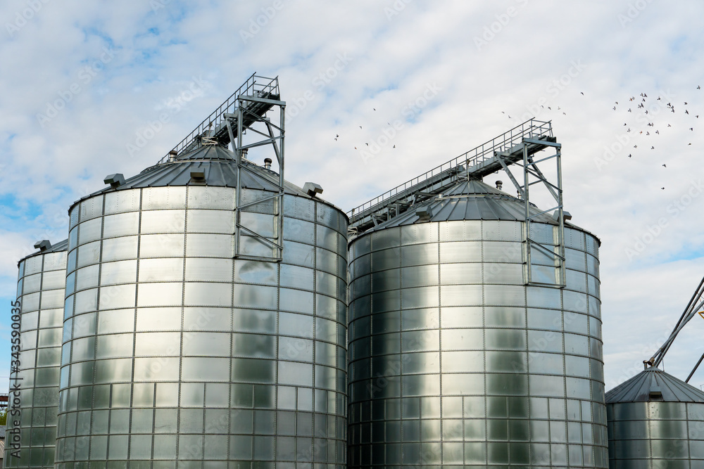 silver silos on agro manufacturing plant for processing drying cleaning ...