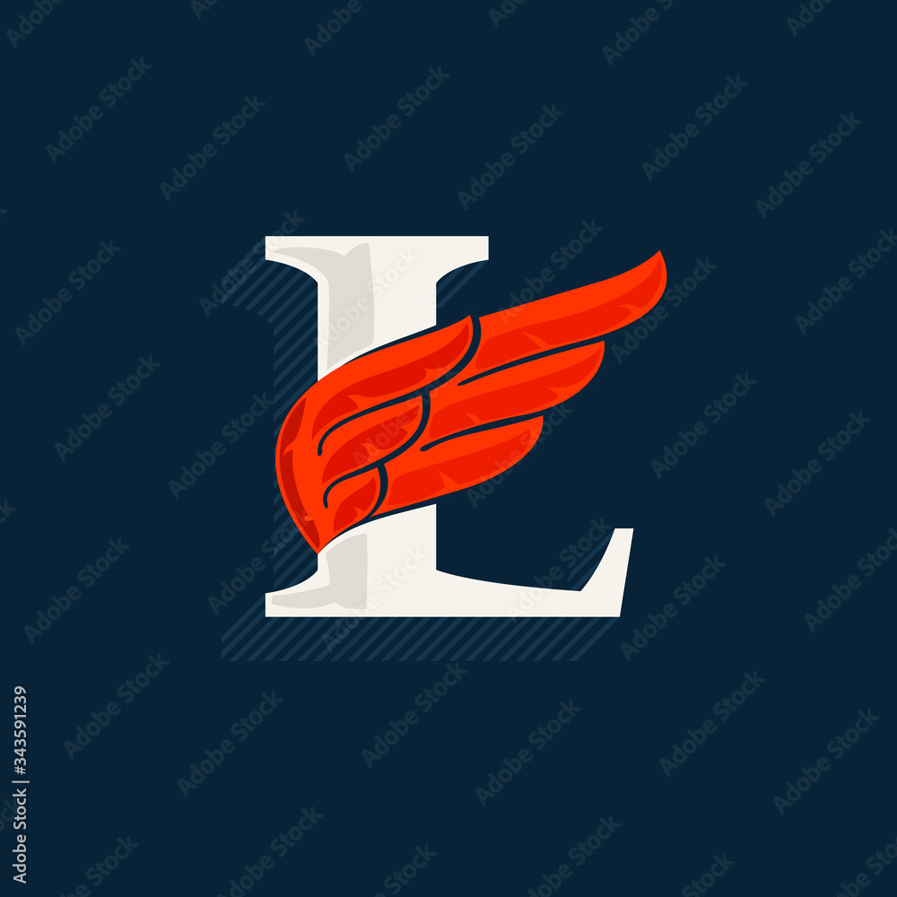 Letter L logo with red wing. Classic serif font with shadow made of ...