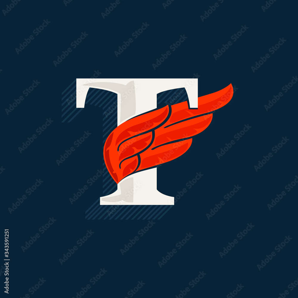 Letter T logo with red wing. Classic serif font with shadow made of ...