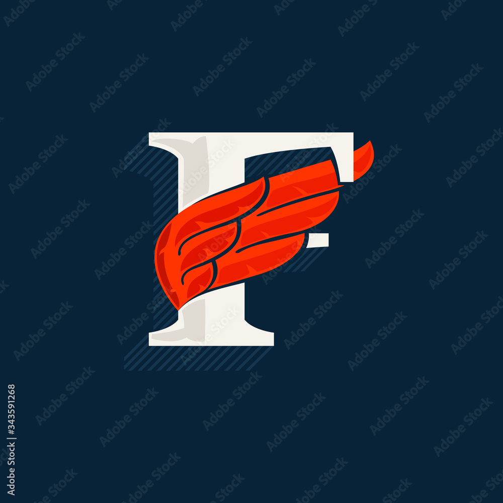 Letter F logo with red wing. Classic serif font with shadow made of ...