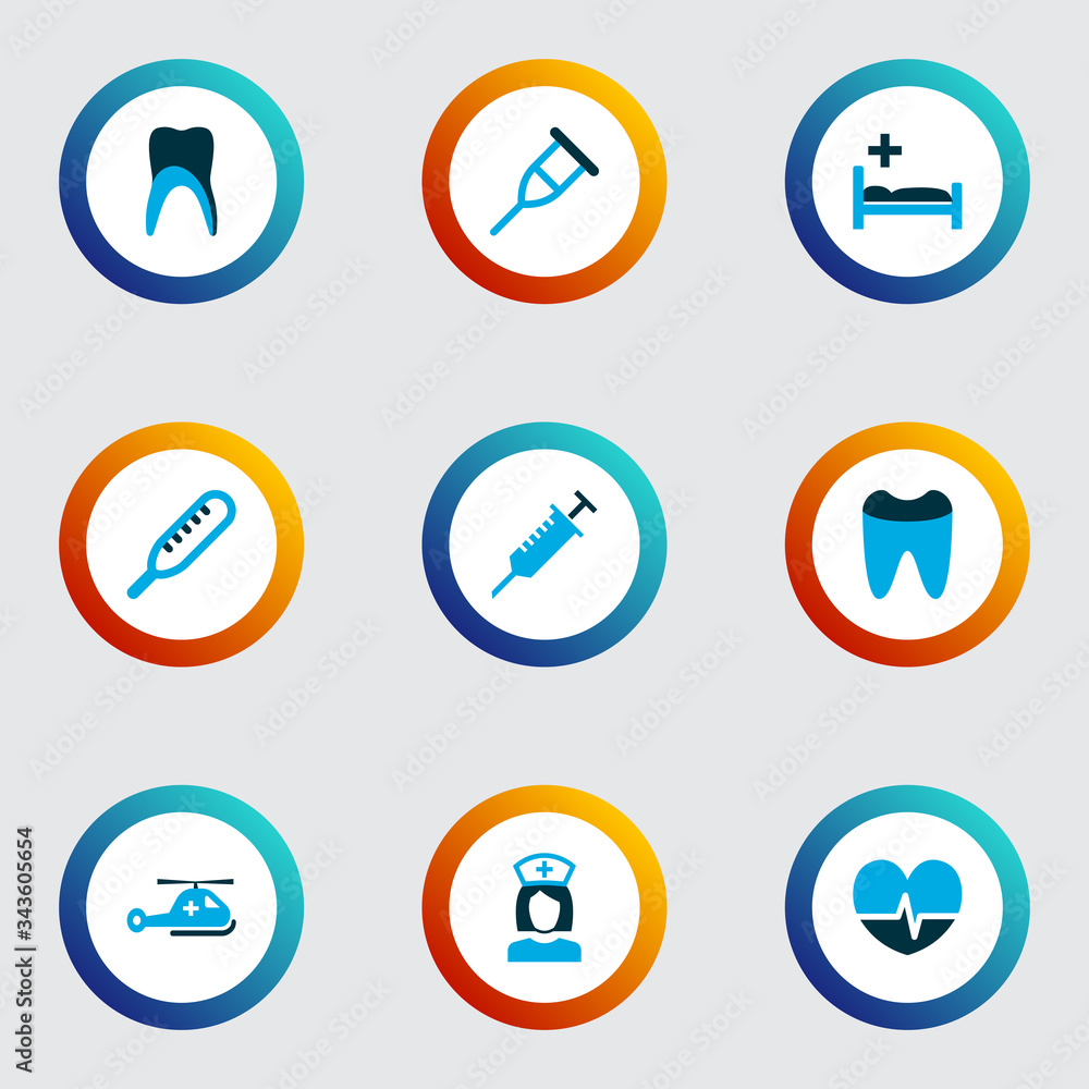 Drug icons colored set with nurse, helicopter, claw and other ...
