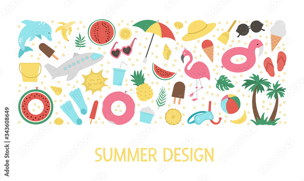 Vector horizontal set with summer clipart elements isolated on white ...