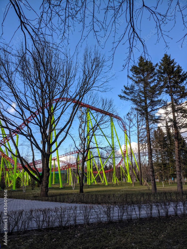 Roller coaster in the park of culture and rest, stopped during the ...