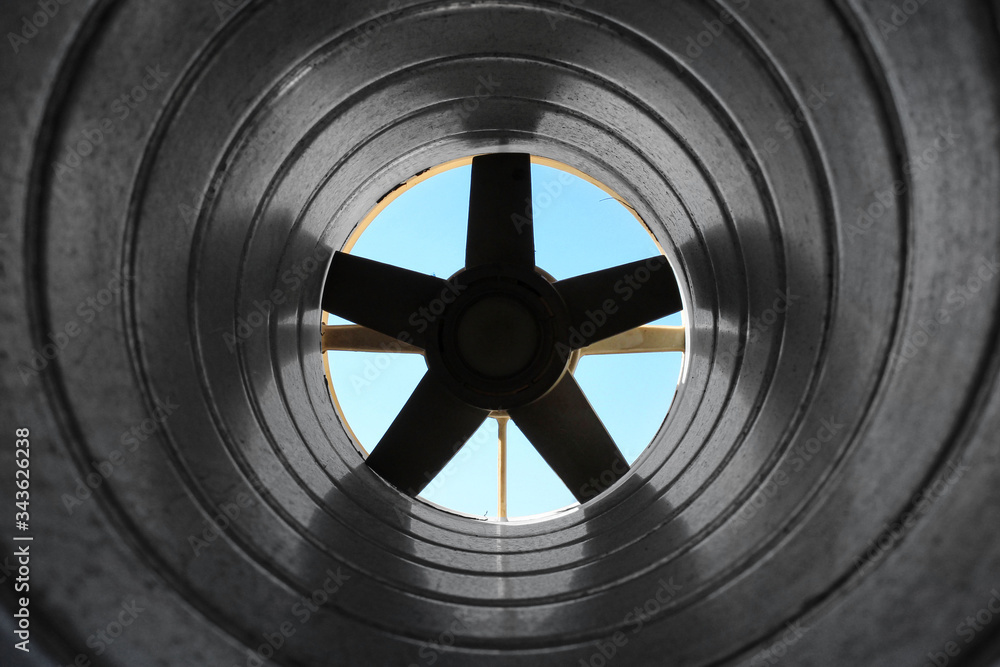 closeup view from inside the galvanized steel air duct on the exhaust ...