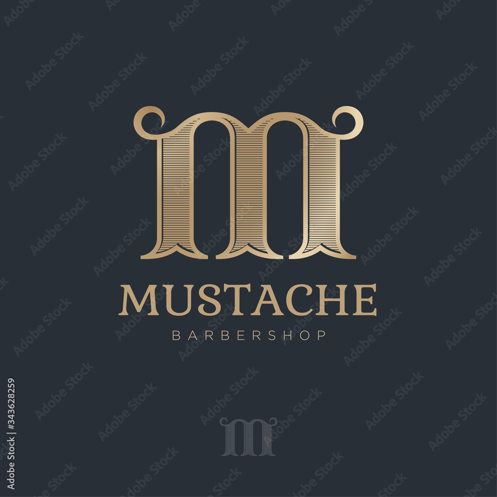 M monogram with curl elements. Barbershop logo. Golden letter M with ...