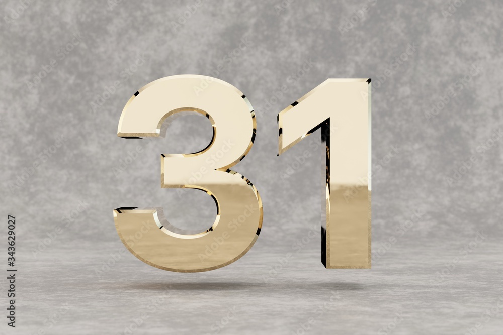 Gold 3d number 31. Glossy golden number on concrete background. 3d ...