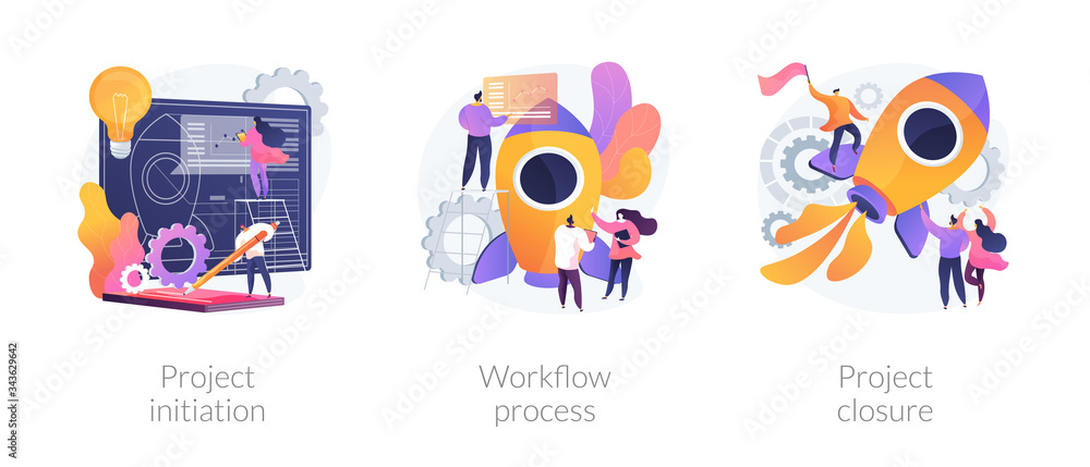 Project implementation abstract concept vector illustration set. Project initiation and closure ...