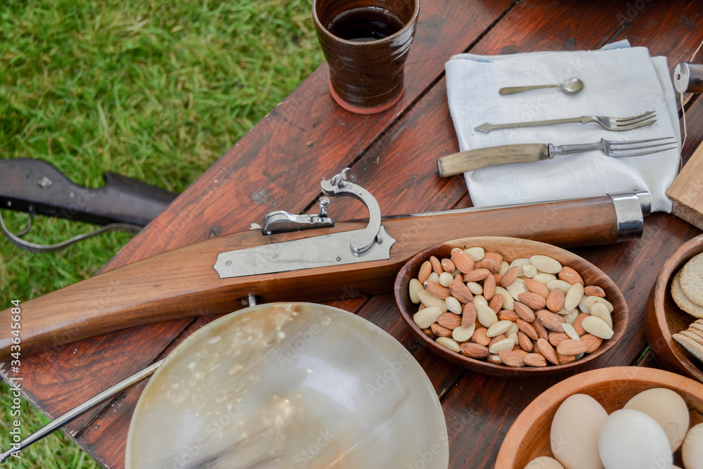 Antique tools, historic items, period ingredients, vintage musket gun ...