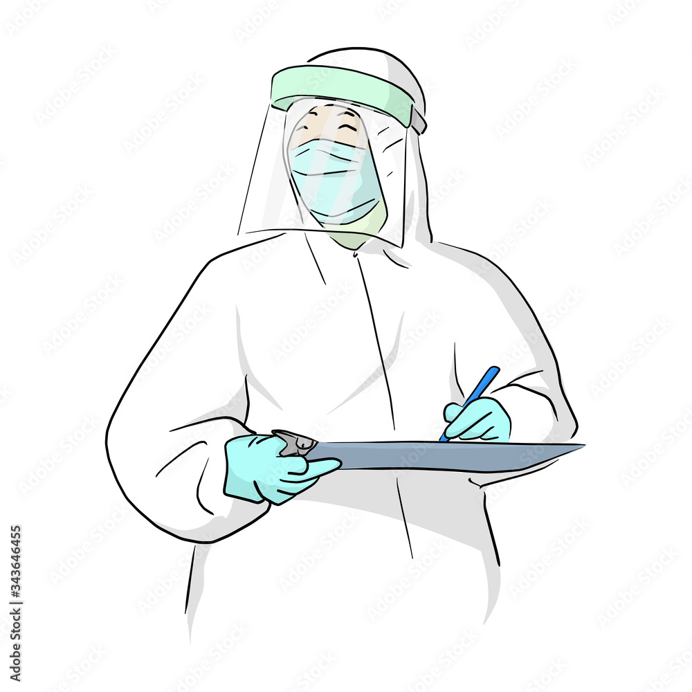 doctor in personal protective suit with mask writing on Covid-19 ...