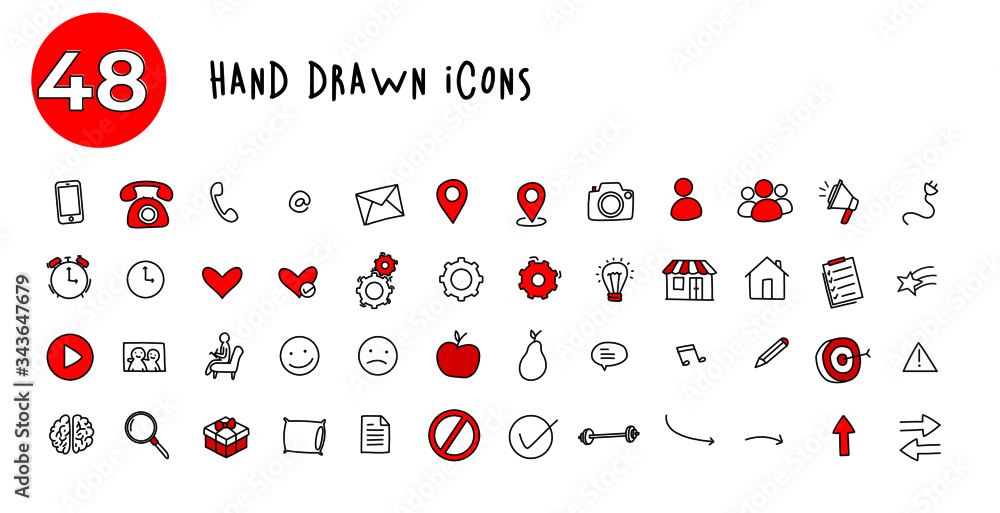 48 Hand Drawn Icons Stock Vector | Adobe Stock
