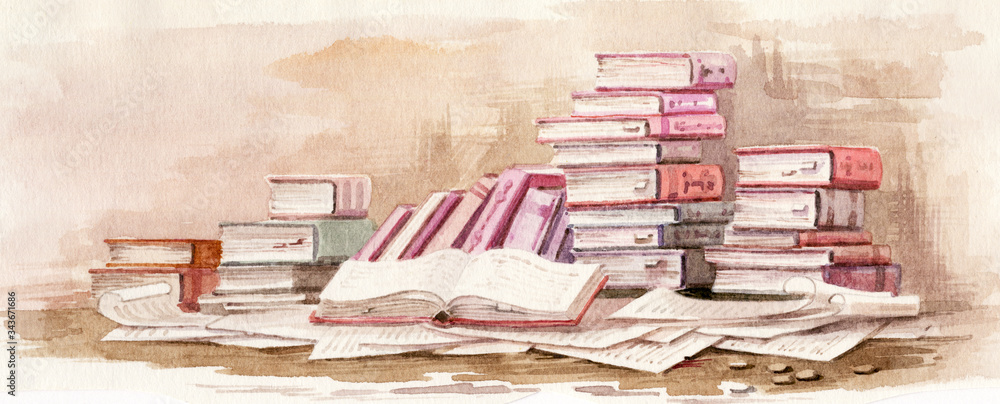 Books and scrolls. Open book. Stacks of folios. Beautiful watercolor ...