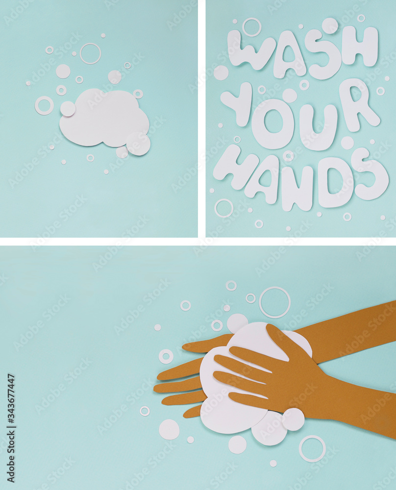 Washing Hands concept. Set of three posters with Hand washing with soap ...