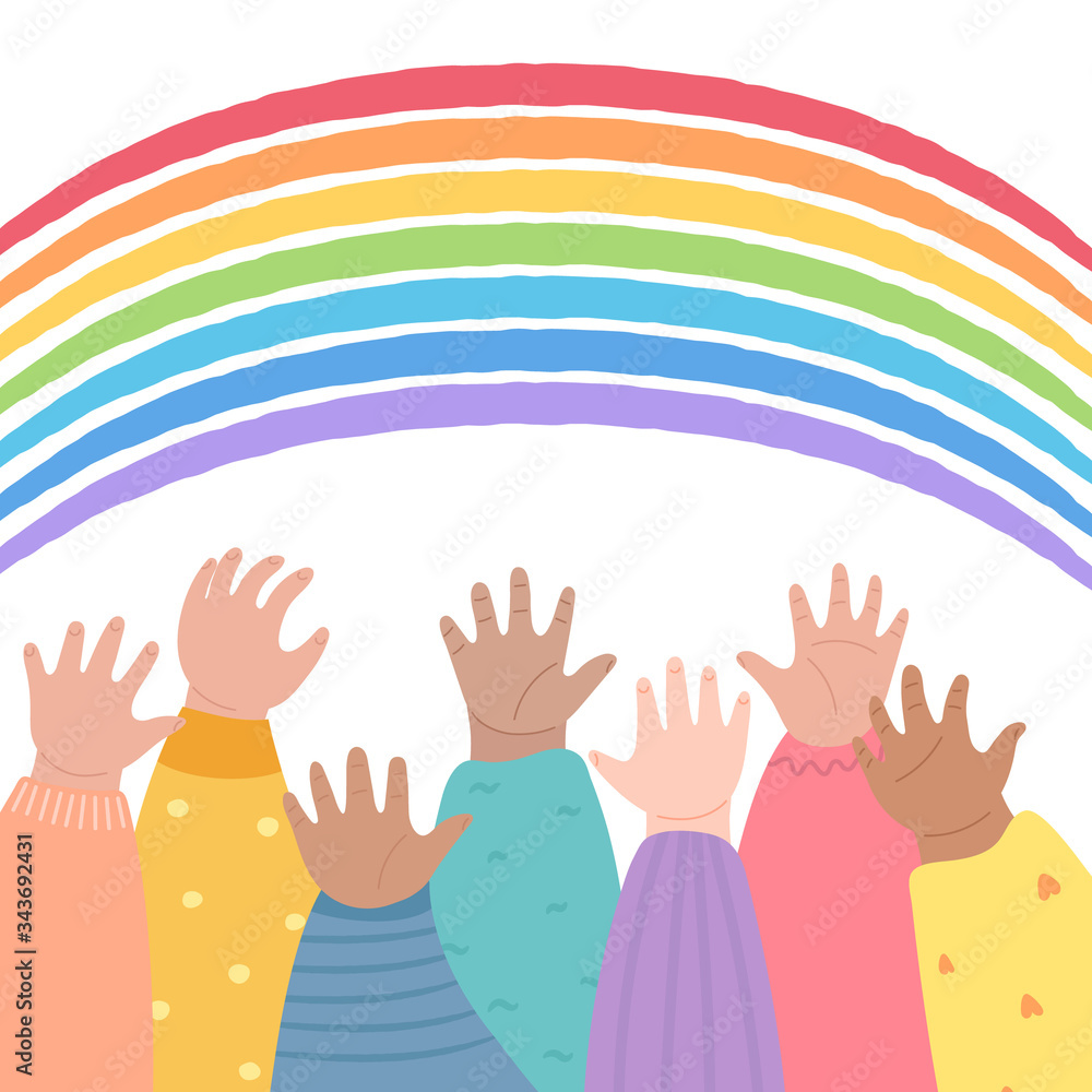 Kids raising hands up toward the rainbow. Many children arms together ...