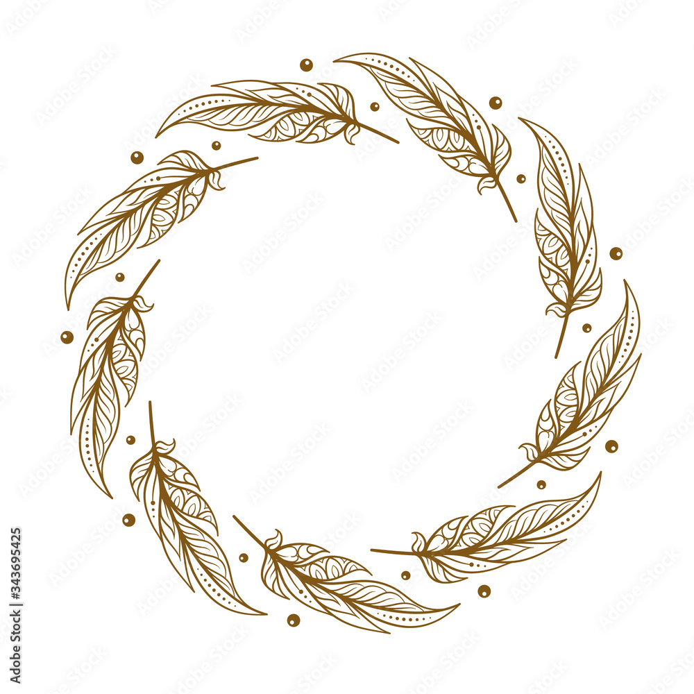 Vector round frame with boho style feathers and beads decoration Stock ...