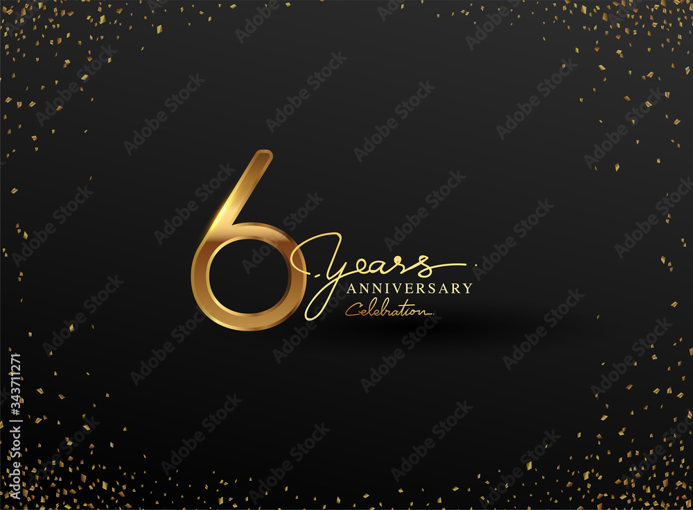 6 Years Anniversary Logo with Confetti Golden Colored isolated on black ...