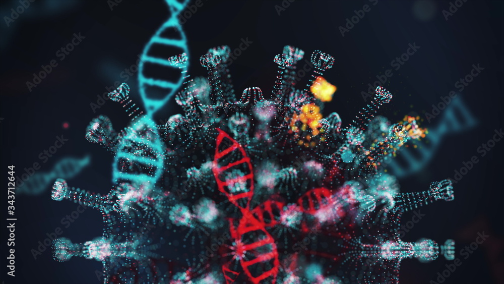 3D visualization of the coronavirus. Pathogens, and dna strand shown as ...