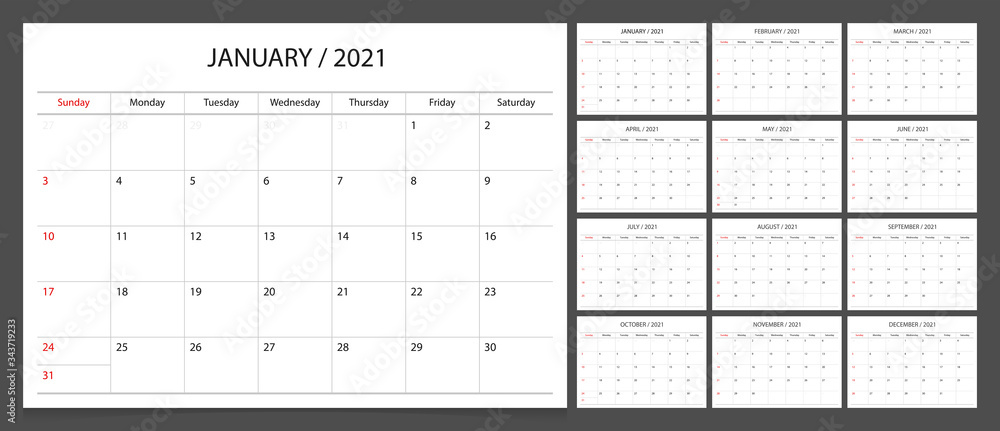 Calendar 2021 week start Sunday corporate design planner template ...