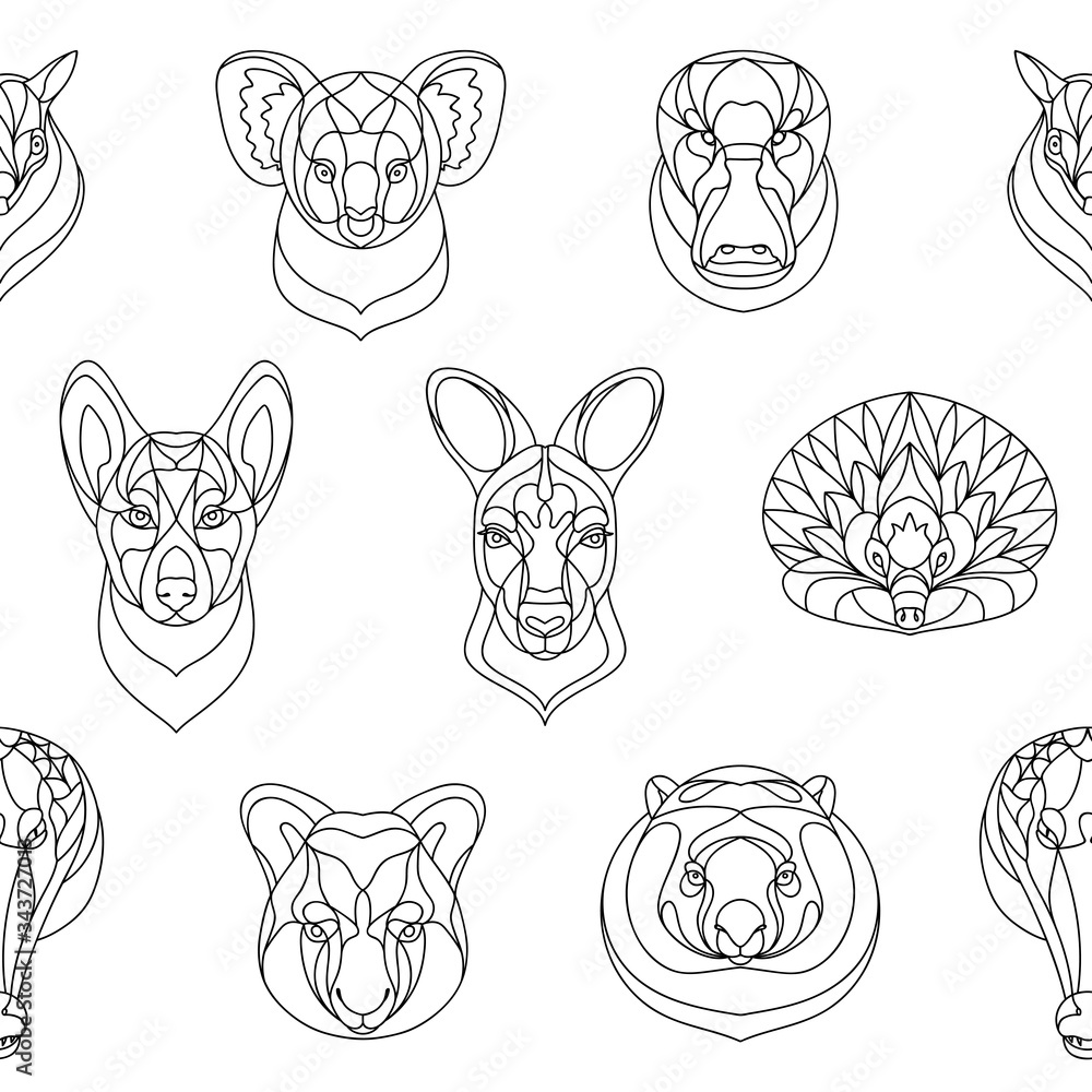 Australian animals outline coloring seamless pattern. Vector ...