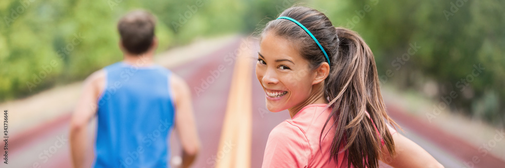 Running couple on road run in park banner panoramic header. Fit ...