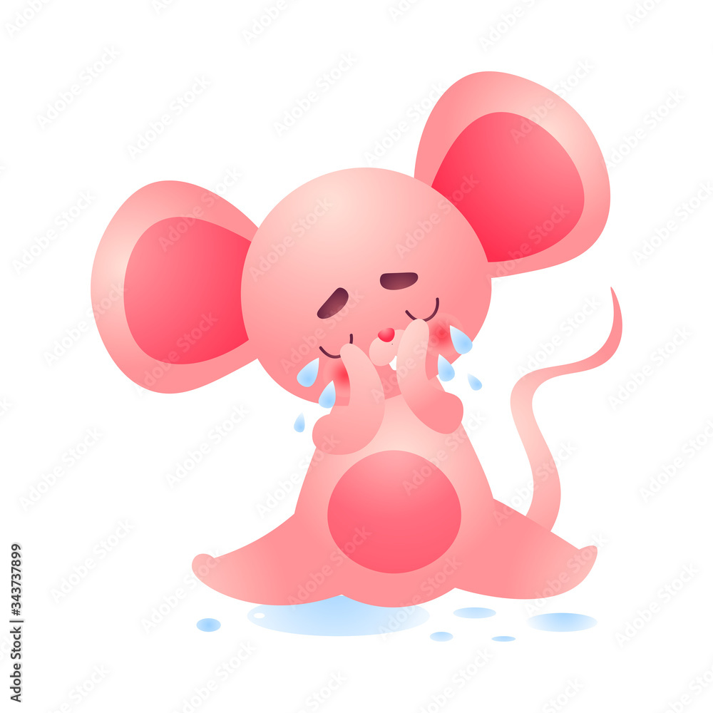 Vetor de Cute pink humanized mouse character sitting with big ears and ...