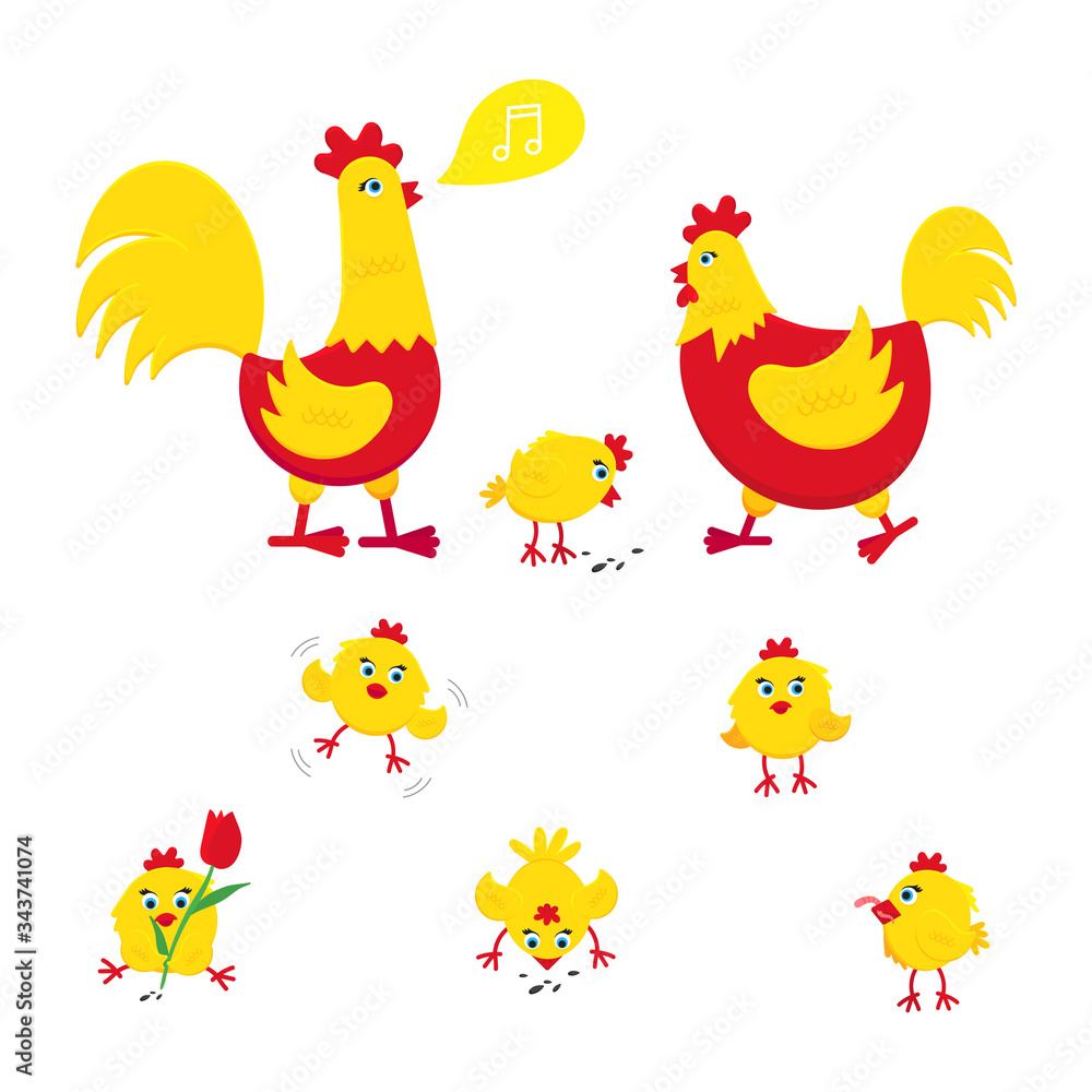 Yellow and red chicken with broken egg, nest, set of chicks and a ...