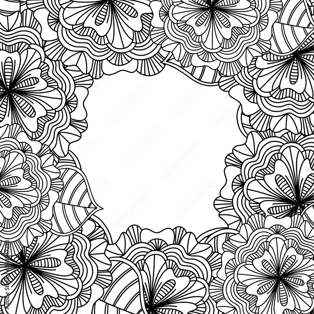 Flowers and leaves hand drawn zentangle style vector frame. Doodle art ...