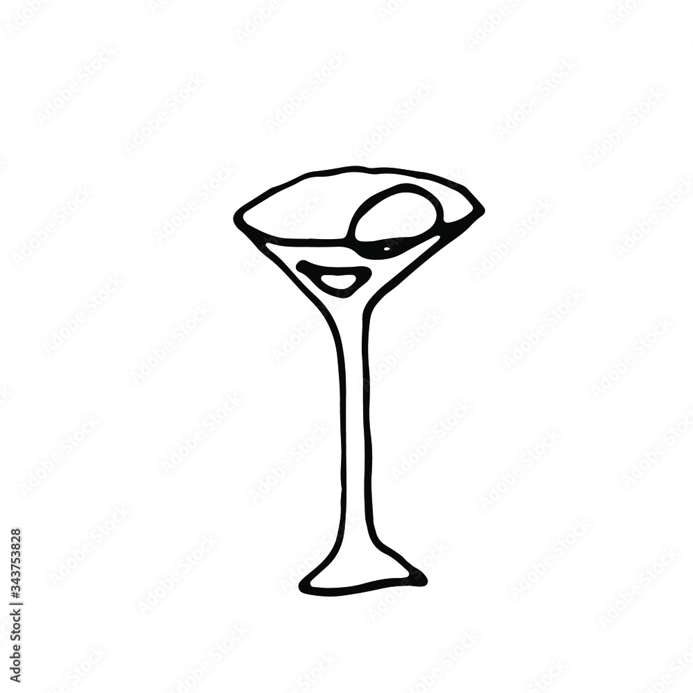 Drink dishes martini glass. Line art hand drawn illustration. Black ...
