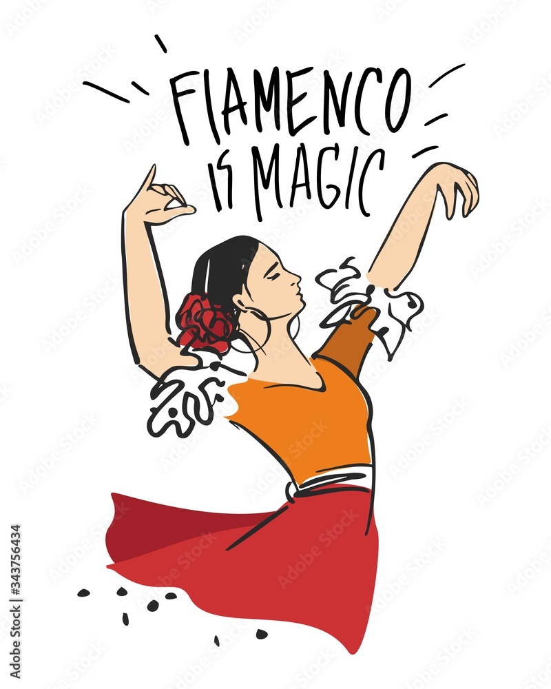 Flamenco dancer with her hands up with a red rose in her hair and a red ...