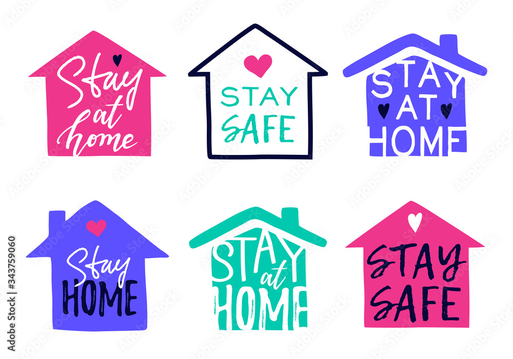 Vector set of houses and Stay Home, Stay Safe Lettering typography ...