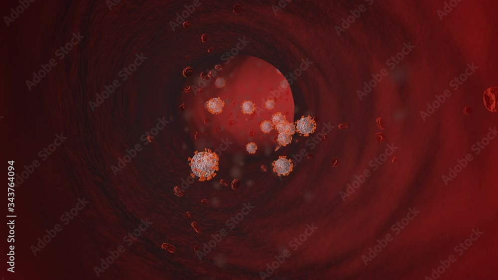 coronavirus covid-19 cells run through blood into veins cgi animation ...