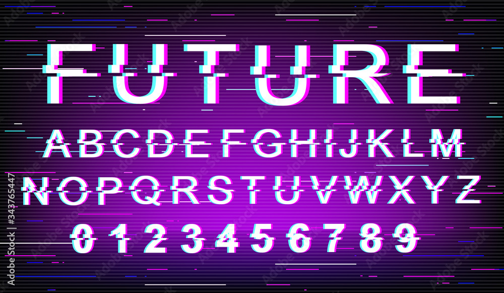 Future glitch font template. Retro futuristic style vector alphabet set ...