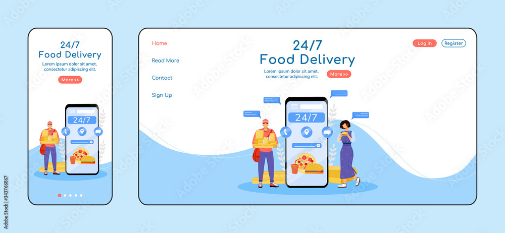 24 hours food delivery adaptive landing page flat color vector template ...