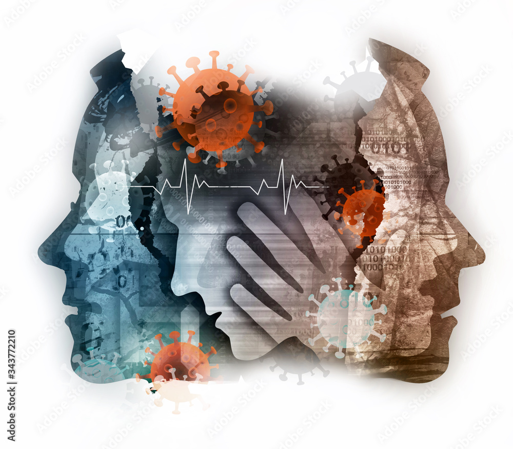 Pandemic of coronavirus, human tragedy. Male heads, grunge expressive ...