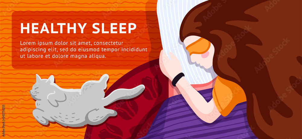 Healthy sleep banner concept. Woman character sleeping in bed, using ...