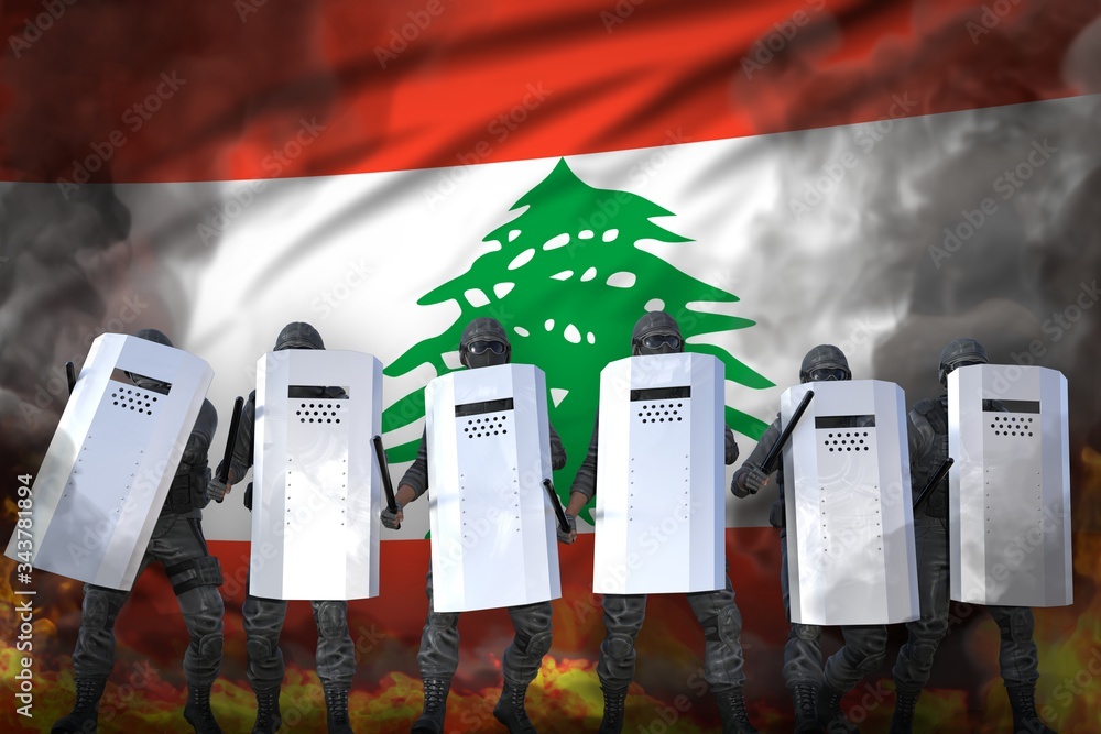 Lebanon protest fighting concept, police swat in heavy smoke and fire ...