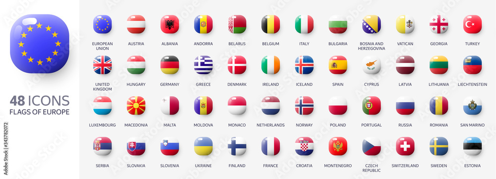 Realistic 3d glossy icons of european countries, european flags. Vector ...