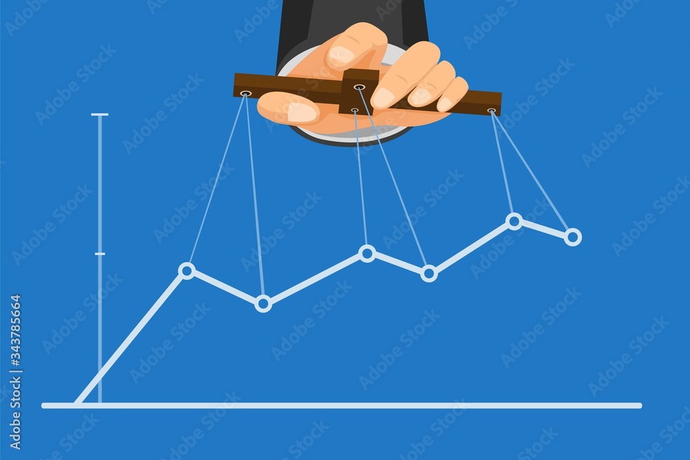 hand with holding stick with rope, puppet master controlling business ...