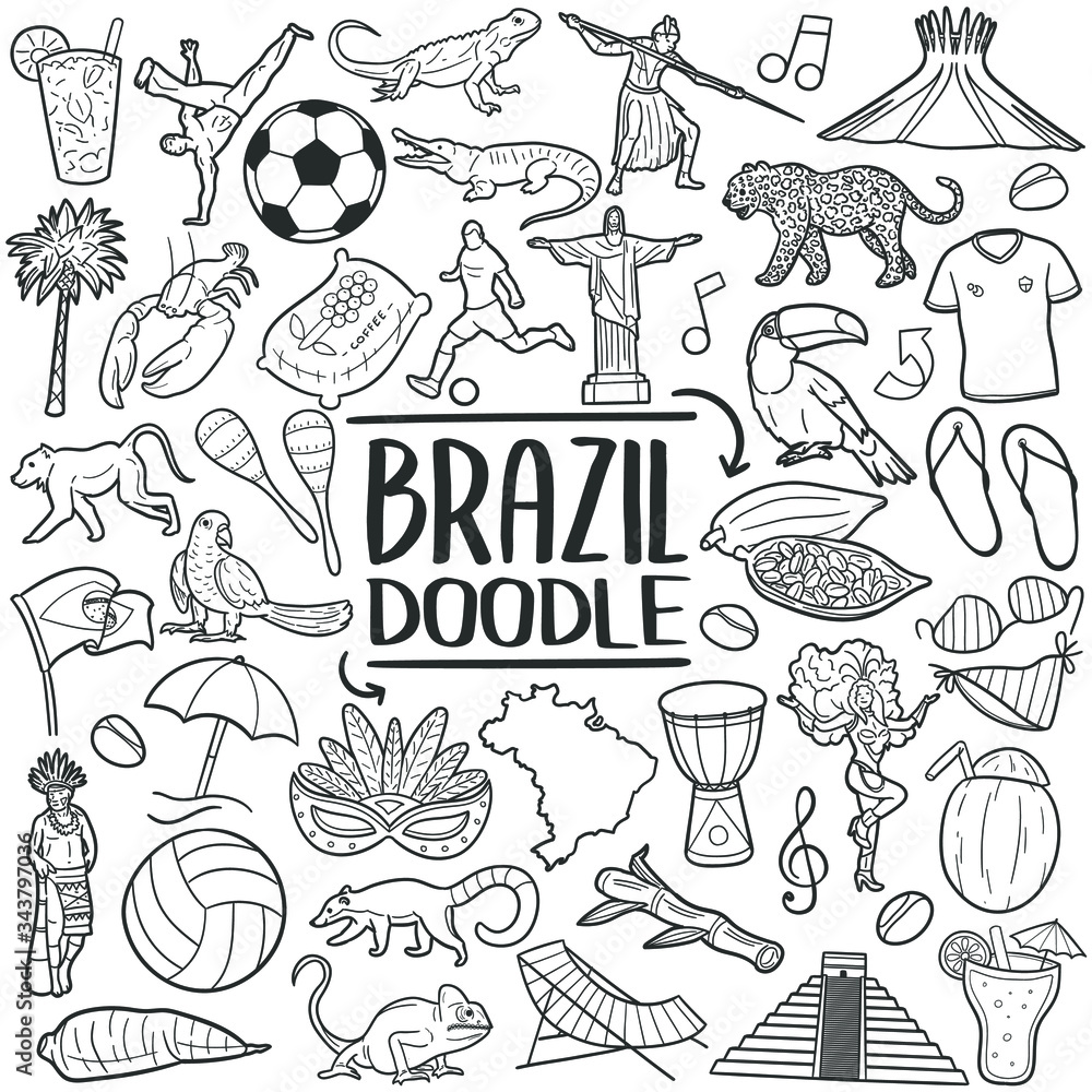 Brazil Travel. Famous Symbols Building. Traditional Doodle Drawn Sketch ...