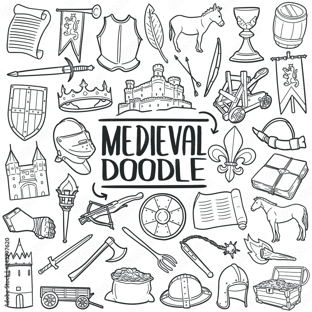 Medieval doodle icon set. Middle Age castle weapons and tools. Vector ...