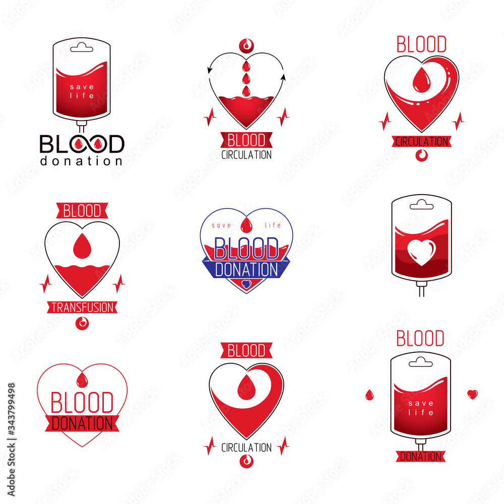 Set of vector symbols created on blood donation theme, blood ...