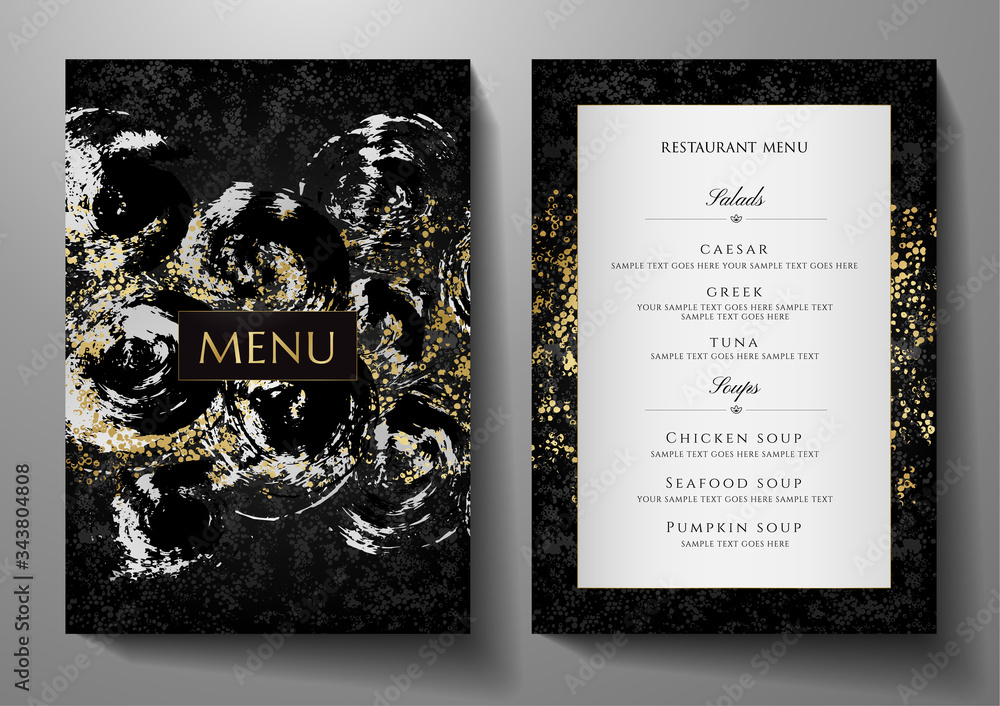 Menu black design template with silver gold texture for restaurant ...