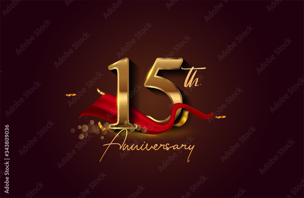 15th anniversary logo with red ribbon and golden confetti isolated on ...