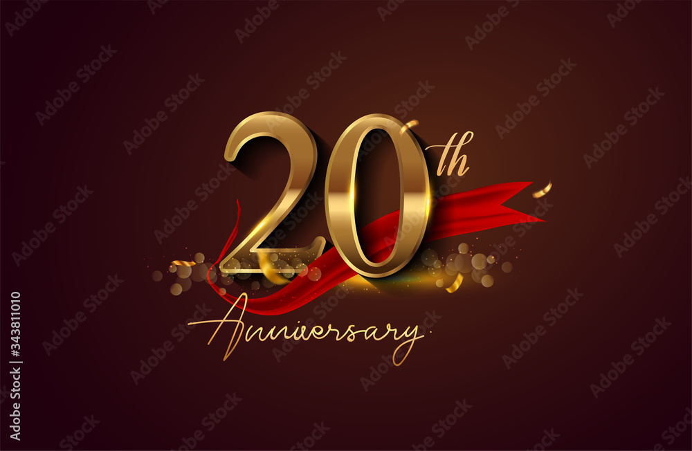 20th anniversary logo with red ribbon and golden confetti isolated on ...