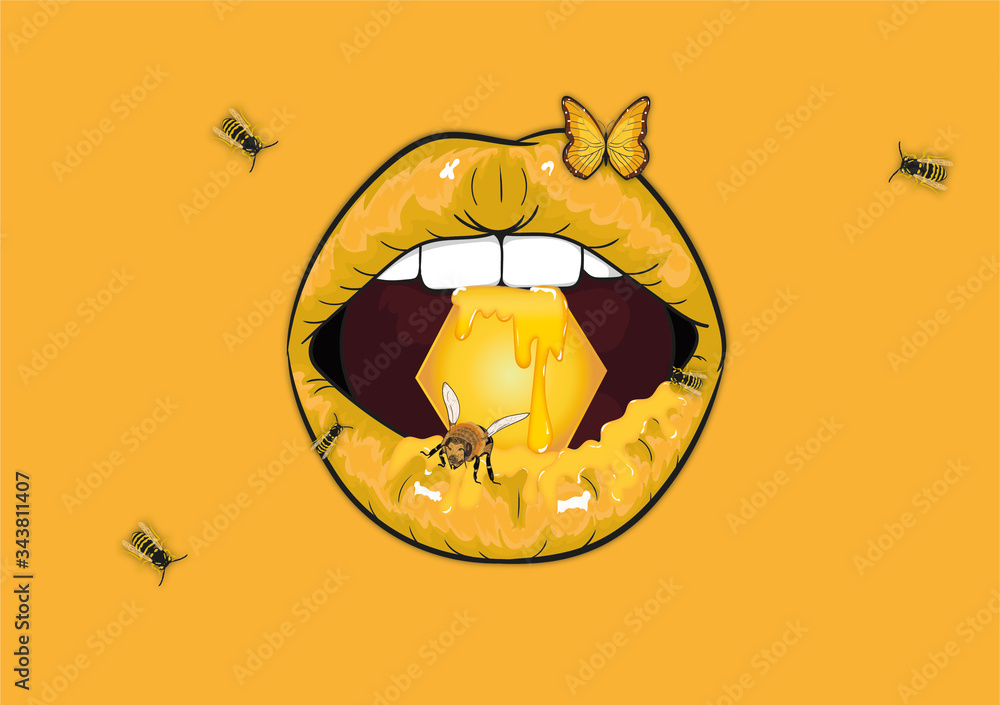 cartoon lips with honey,honey, bees, background Stock Illustration ...
